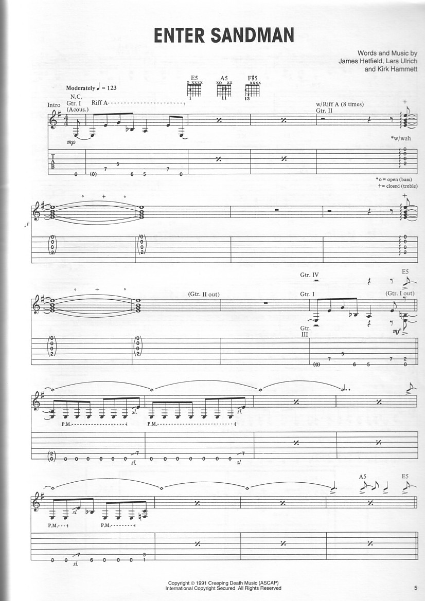 Enter Sandman Sheet Music Metallica Guitar Tab Single